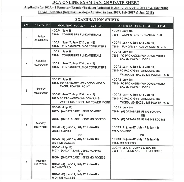 MCU Bhopal DCA Exam Timetable January 2019 – MyRecruitment | Online ...